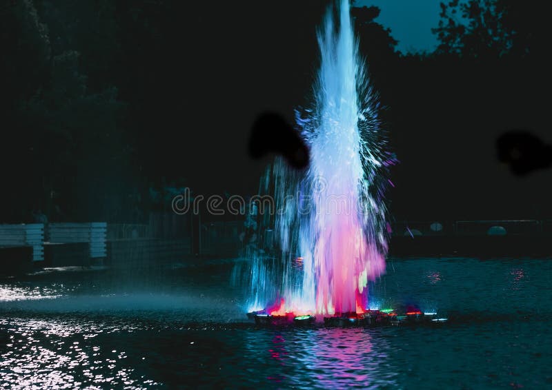 Fountain on Water at Night in City Park Stock Photo - Image of water ...