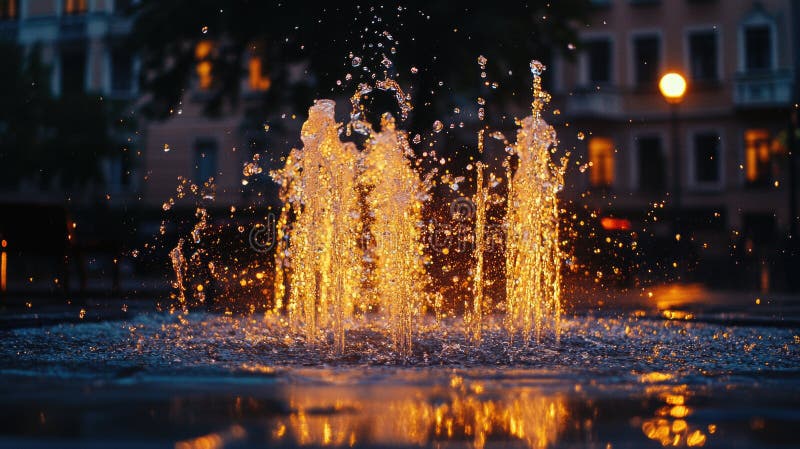A Fountain with Water Shooting Out of it in the Middle of the Night ...