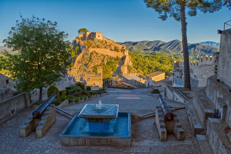 Fountain in Xativa Castle of Spain at Sunset Stock Image - Image of ...