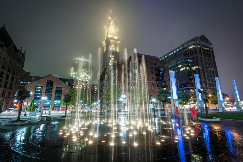 Fountains and the Custom House Tower at Night, in Boston, Massachusetts ...