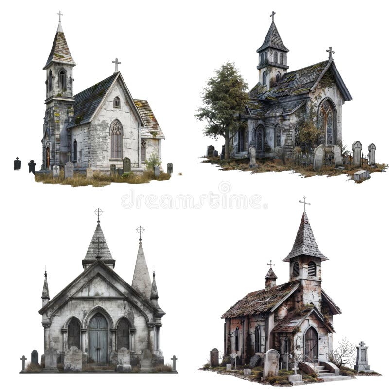 Four Abandoned Churches Surrounded by Gravestones and Overgrown with ...
