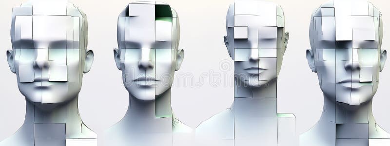Four Abstract Humanoid Figures with Fragmented Faces. Stock ...