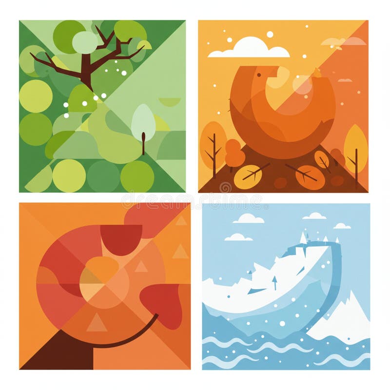 Four Abstract Landscape Illustrations Representing Different Seasons ...