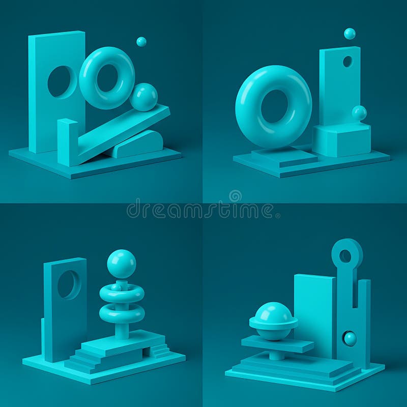 Four Abstract Turquoise Geometric Compositions with Spheres, Rings, and ...