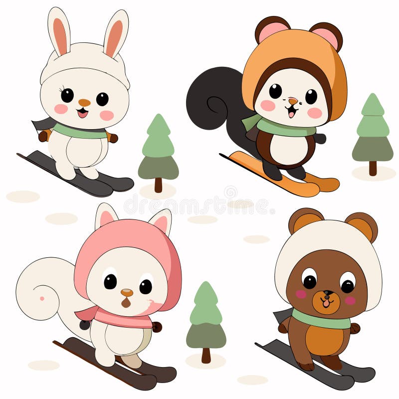 Four Adorable Animals Skiing on Snow Stock Vector - Illustration of ...