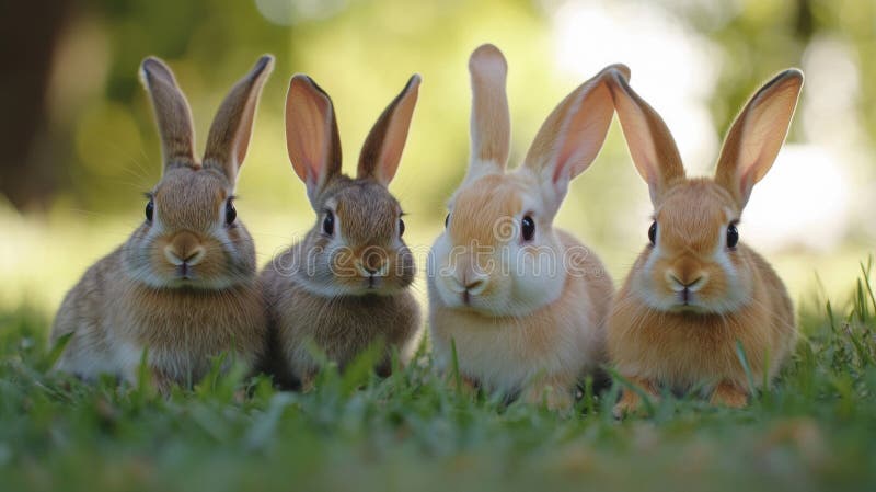 Four Adorable Brown and Tan Rabbits in Green Grass Stock Illustration ...