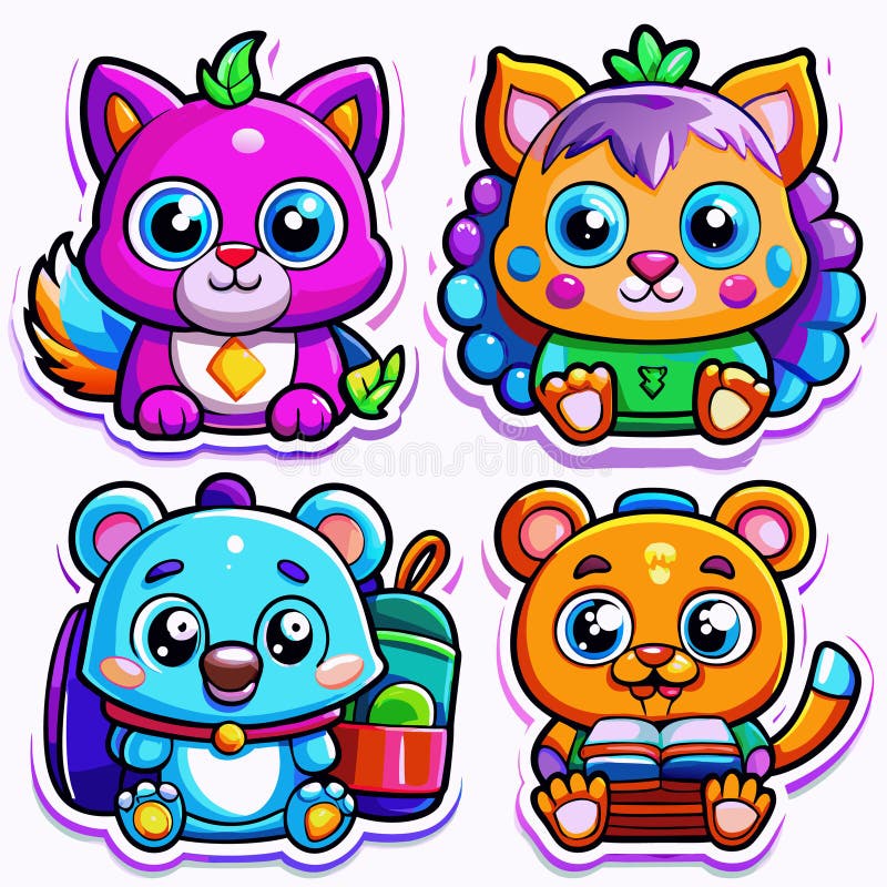 Four Adorable Cartoon Animals Fox, Cat, Bear, Lion, Ready for School ...