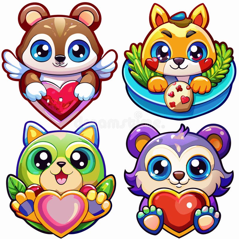 Four Adorable Cartoon Animals Holding Hearts. (2 Stock Vector ...