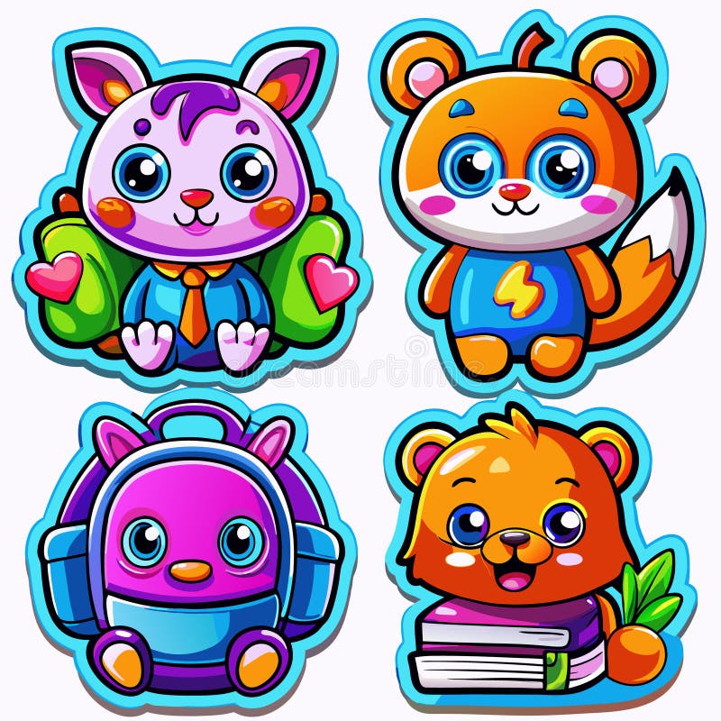 Four Adorable Cartoon Animals Rabbit, Fox, Backpack, Bear Stock Vector ...