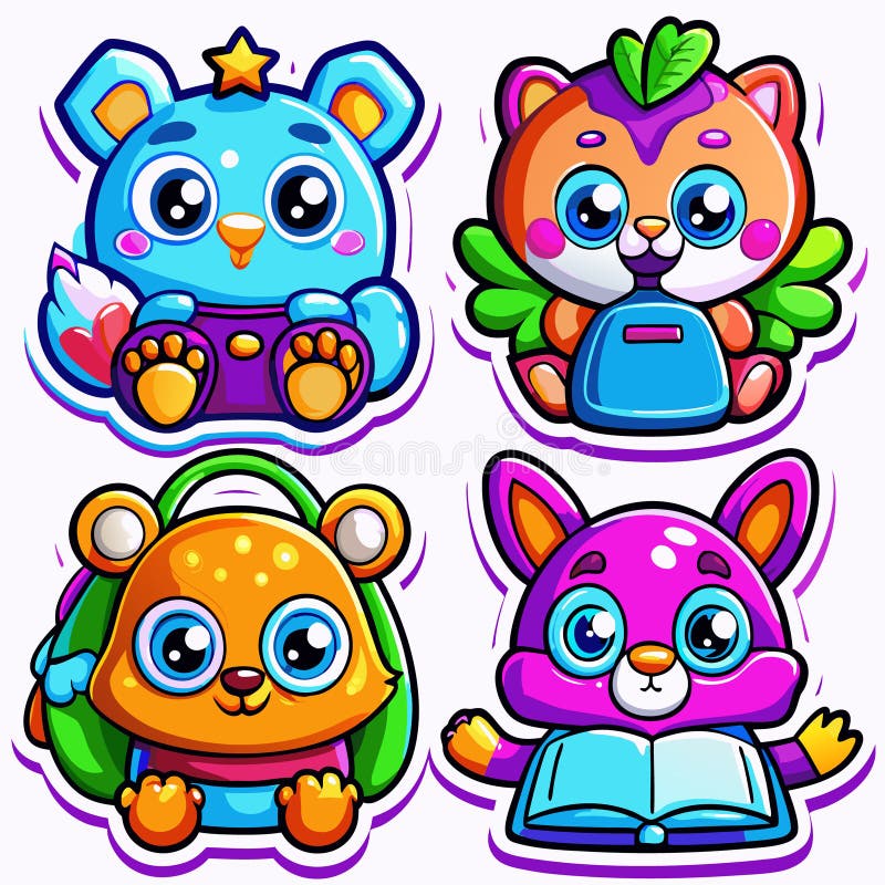Four Adorable Cartoon Animals Ready for School. (1 Stock Vector ...