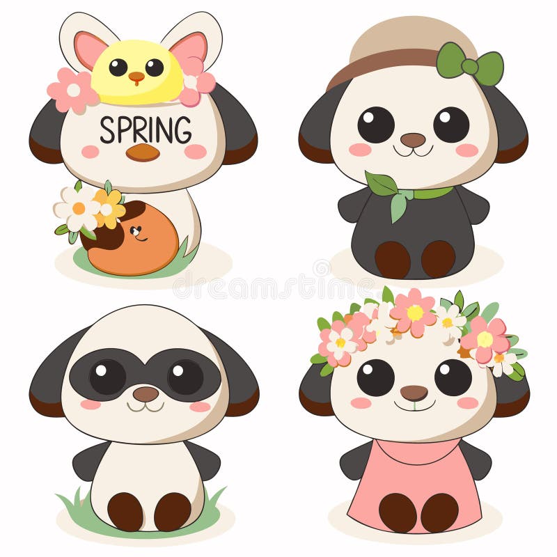 Four Adorable Cartoon Puppies in Spring Outfits Stock Vector ...