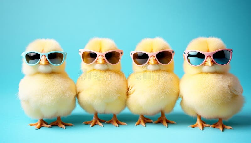 Four Adorable Chicks Wearing Sunglasses, Posing on a Blue Background ...