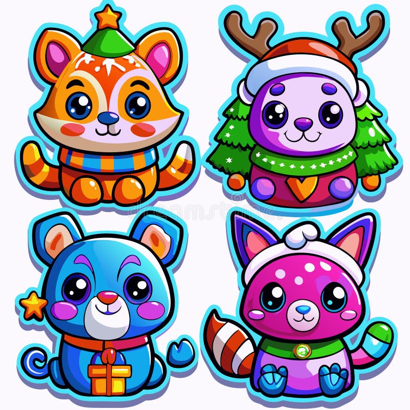 Four Adorable Christmas Animals Fox, Panda, Dog, and Cat Stock Vector ...