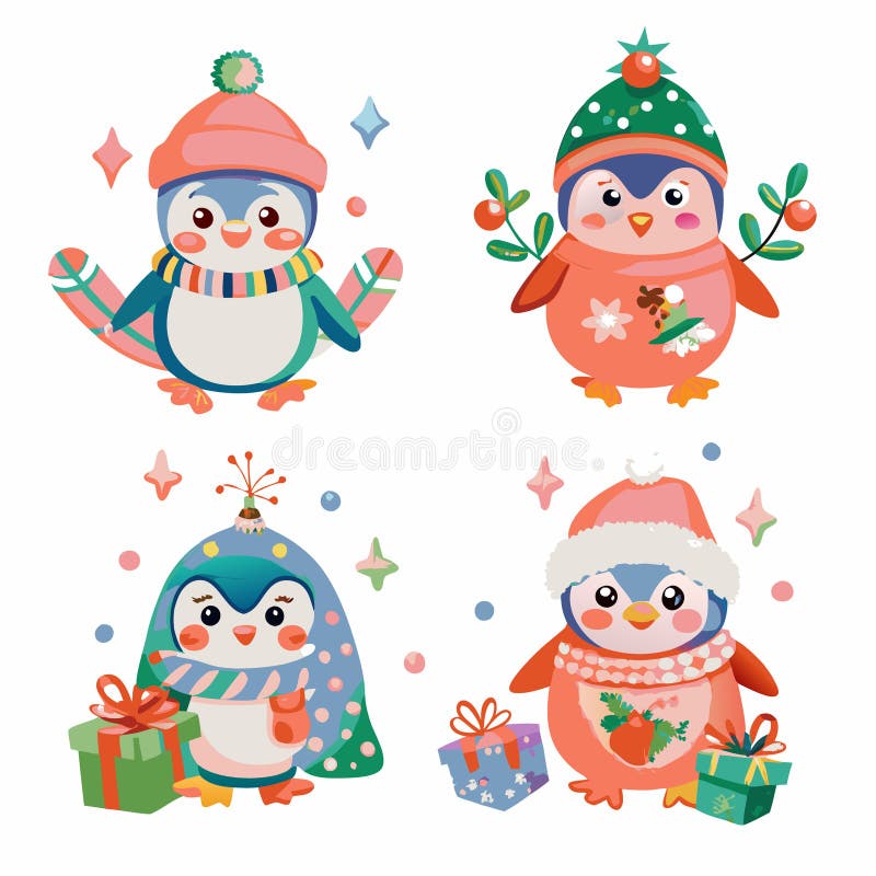Four Adorable Christmas Penguins in Festive Attire Stock Vector ...