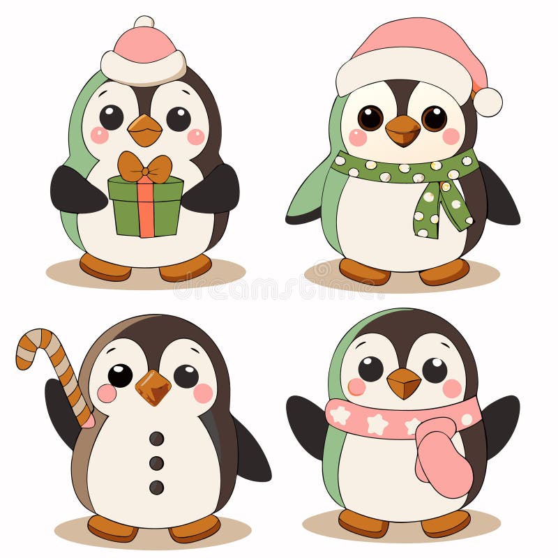 Four Adorable Christmas Penguins in Various Poses Stock Vector ...