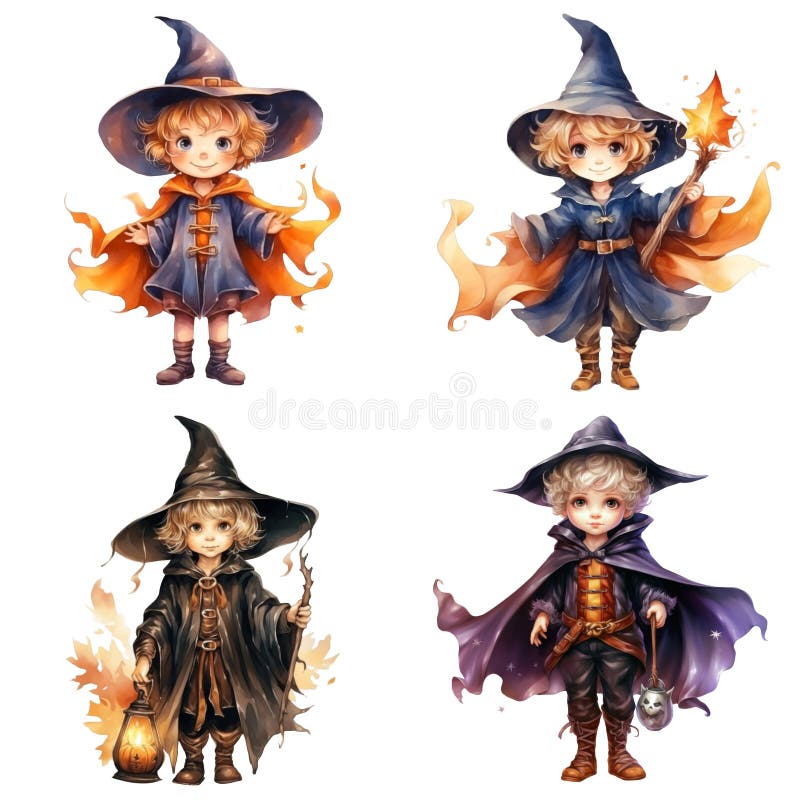 Four Adorable Fantasy Wizards in Potions and Magic Stock Illustration ...