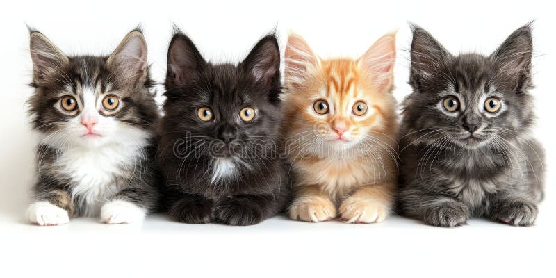 Four Adorable Fluffy Kittens in Various Colors, Posing Together on a ...