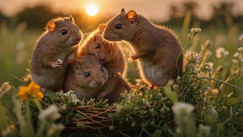 Adorable Group of Mice in a Nest at Sunset Stock Illustration ...