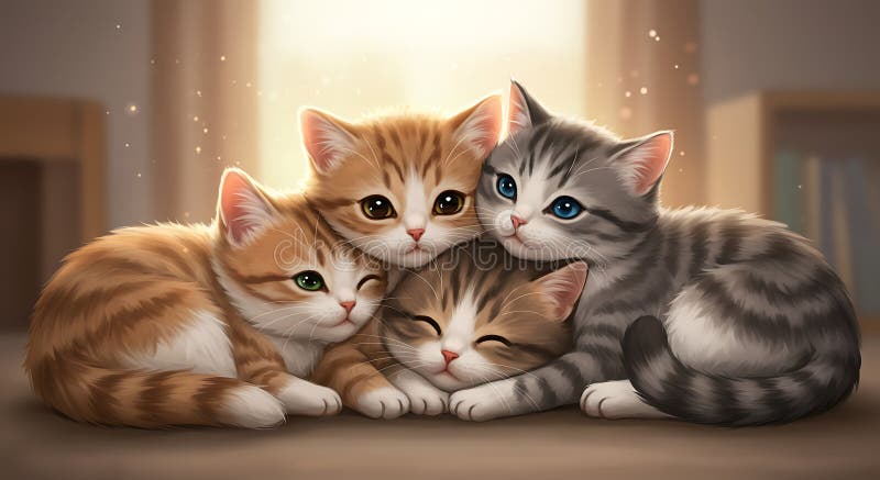 Four Adorable Kittens Cuddle Together on a Soft Surface in a Cozy ...