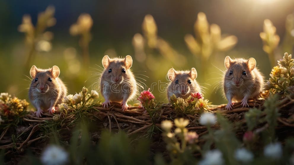 Four Adorable Mice Posing in a Flowery Meadow at Golden Hour Stock ...