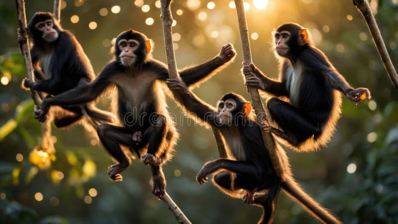 Golden Hour Monkeys Playing on Branches Stock Illustration ...