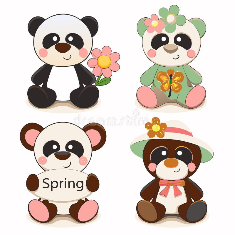 Four Adorable Panda Bears in Spring Outfits Stock Vector - Illustration ...