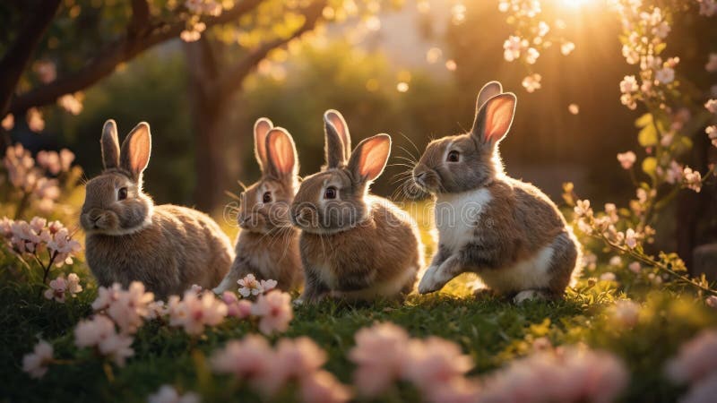Adorable Baby Rabbits in Spring Blossoms Stock Illustration ...
