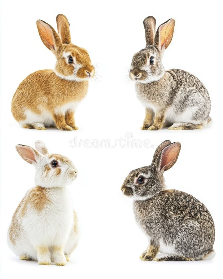 Four Rabbits in Various Colors and Patterns on White Background Stock ...