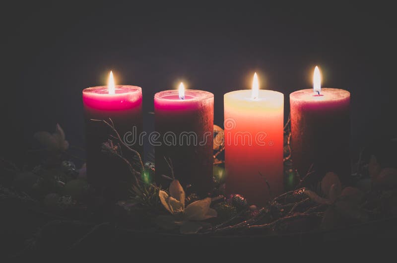 Four Red Advent Candles Burning on Black Background Stock Image - Image ... Four Red Advent Candles Burning on Black Background Stock Image - Image ...