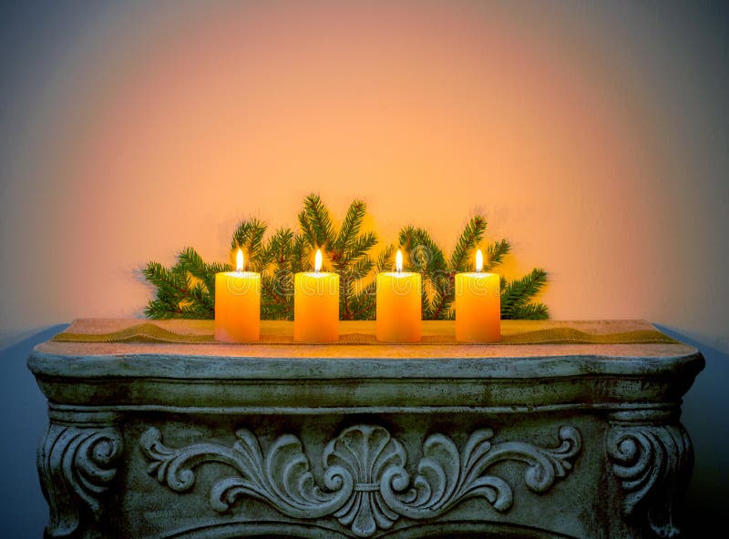 Four Advent Candles on Fireplace Stock Image - Image of december, glow ...