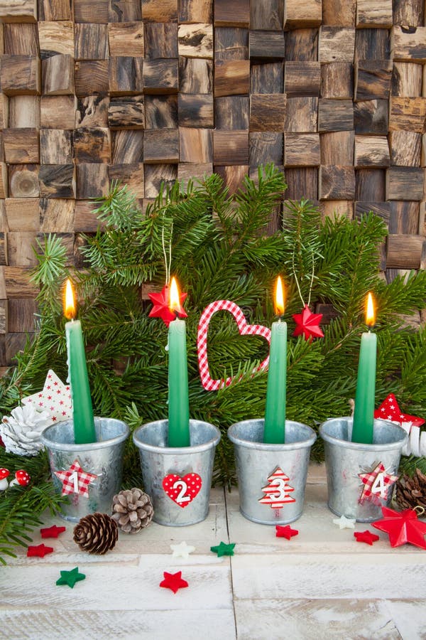 Four advent candles stock image. Image of happy, wooden - 104003937