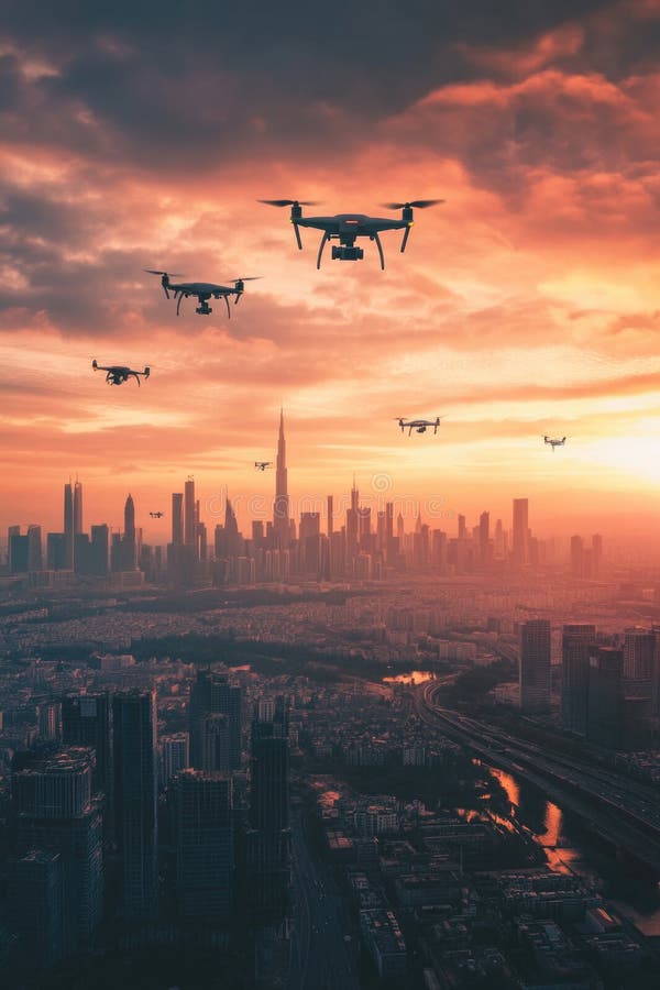 Four Airplanes Flying Over the City Skyline Stock Image - Image of ...