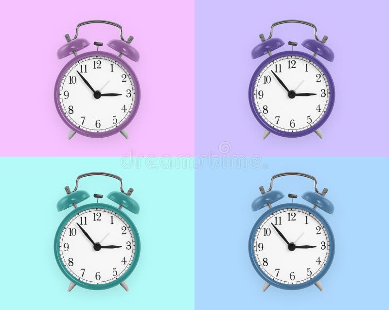 Four Alarm Clocks with Different Colors Stock Image - Image of black ...