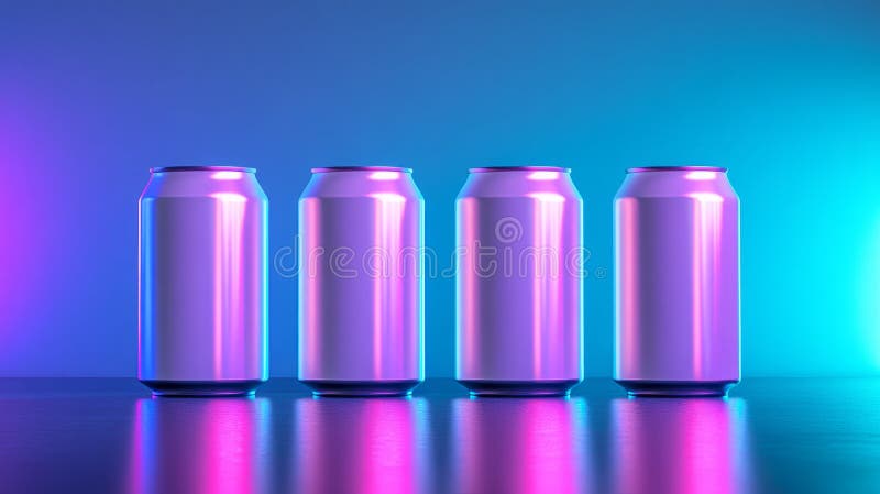Four Aluminum Cans in Neon Lighting on a Reflective Surface Stock Image ...