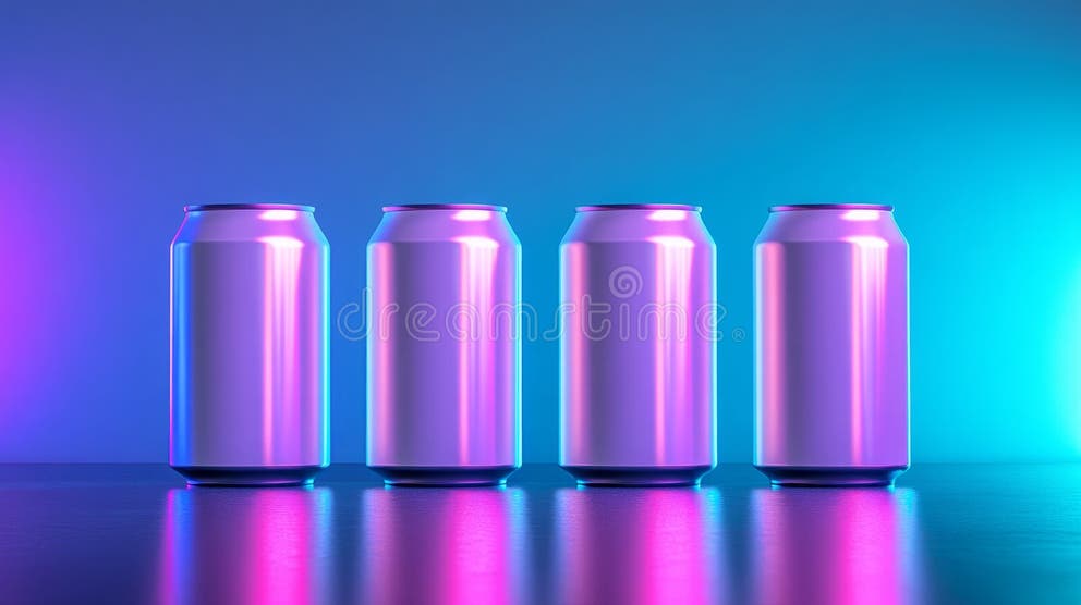 Four Aluminum Cans in Neon Lighting on a Reflective Surface Stock Image ...