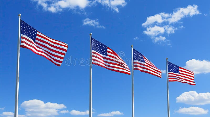 Four American Flags Flapping in Blue Sky with Scattered White Clouds ...