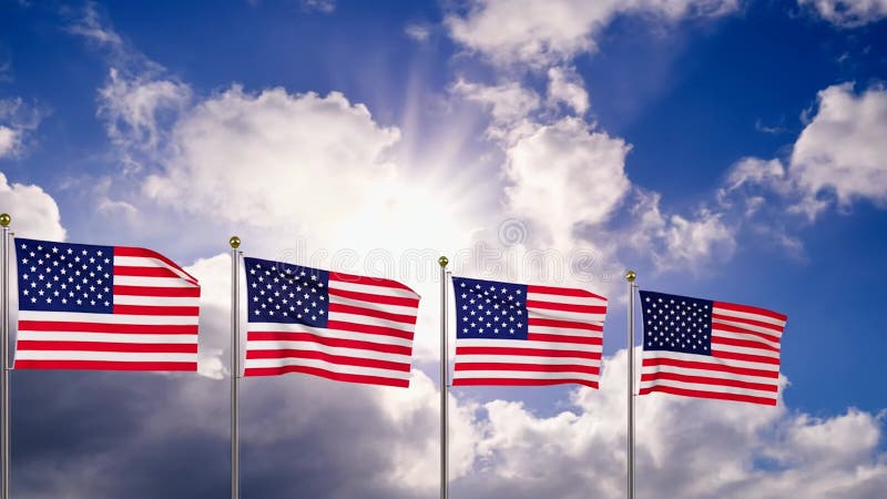 Four American Flags Waving Under Partly Cloudy Sky with Sunlight Stock ...