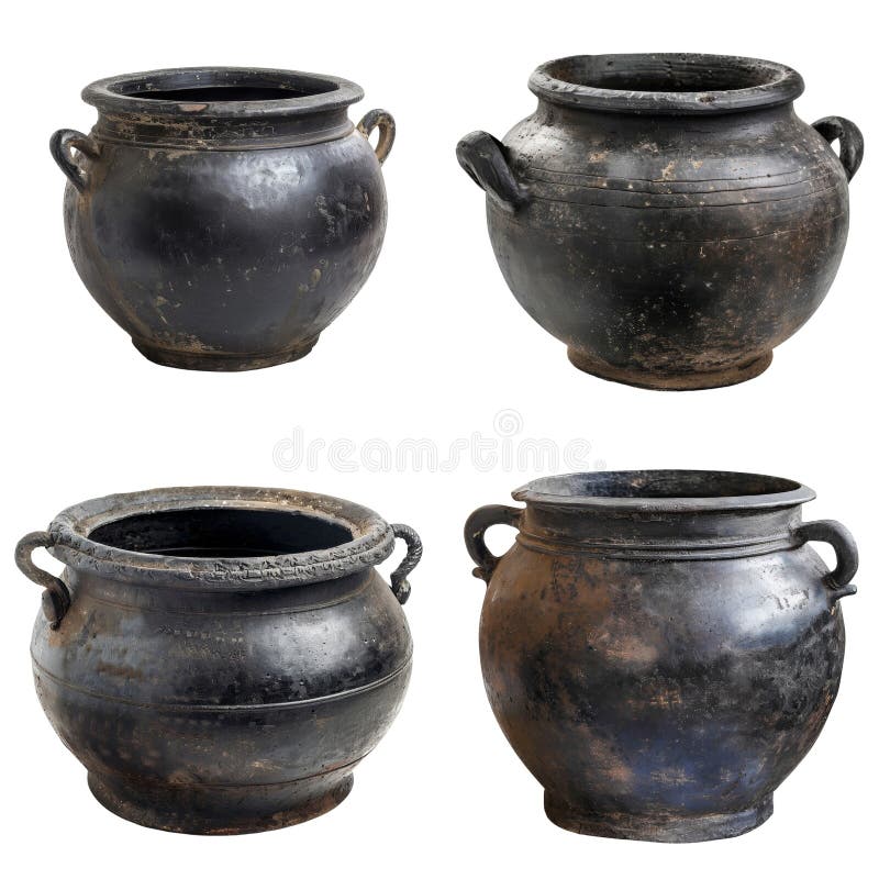 Four Ancient Black Clay Pots with Handles Stock Photo - Illustration of ...