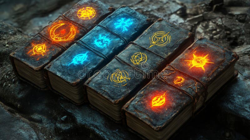 Four Ancient Glowing Spellbooks on a Stone Surface in Low Light Stock ...
