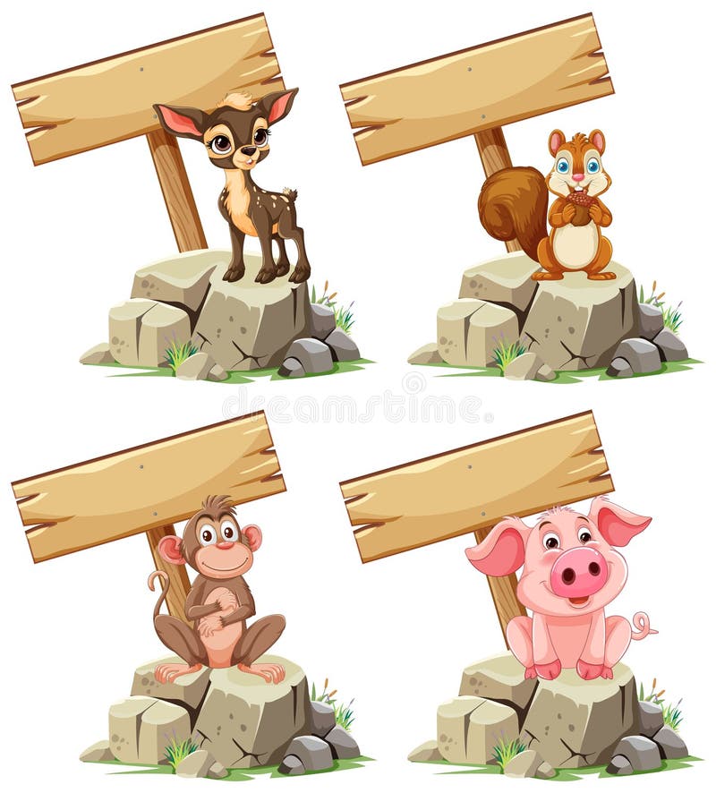 Four Animals Posing beside Wooden Signs Stock Vector - Illustration of ...