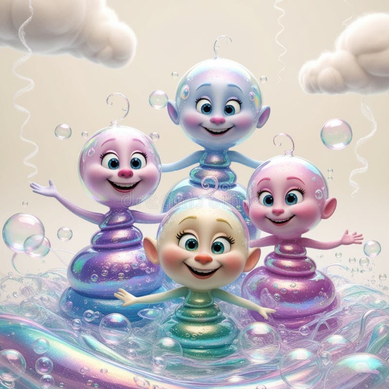 Four Animated, Whimsical Bubble Characters with Joyful Expressions are ...