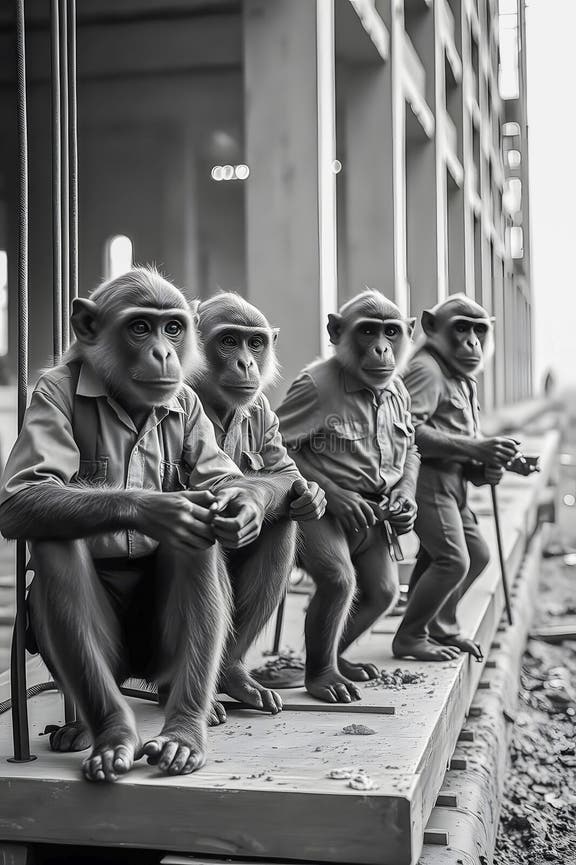 Four Anthropomorphic Monkeys in Work Shirts, Some Holding Tools, Sit on a Concrete Ledge at a ...