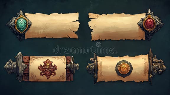 Four Antique Parchment Scroll Banners with Embellishments on Neutral ...