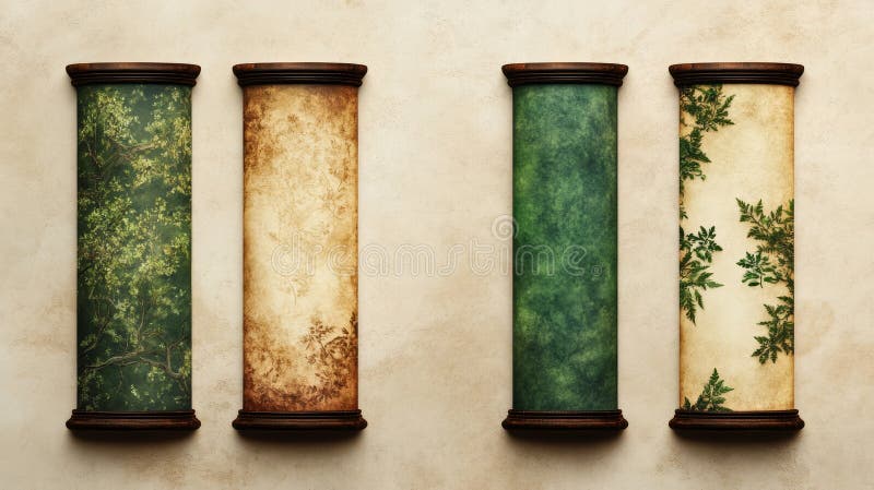 Four Antique Scrolls with Green Ivy Pattern and Aged Paper Texture ...