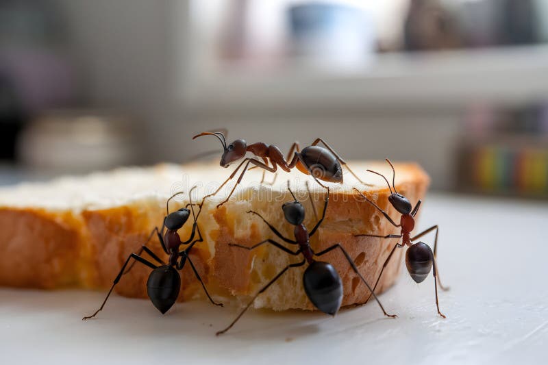 Four Ants Interact with a Bread Slice One Ant Stands Atop Stock ...