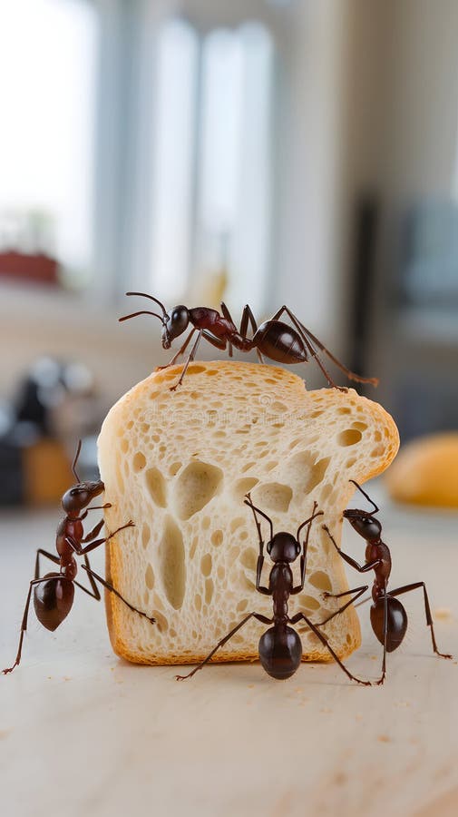 Four Ants Interact with a Bread Slice One Ant Stands Atop Stock ...