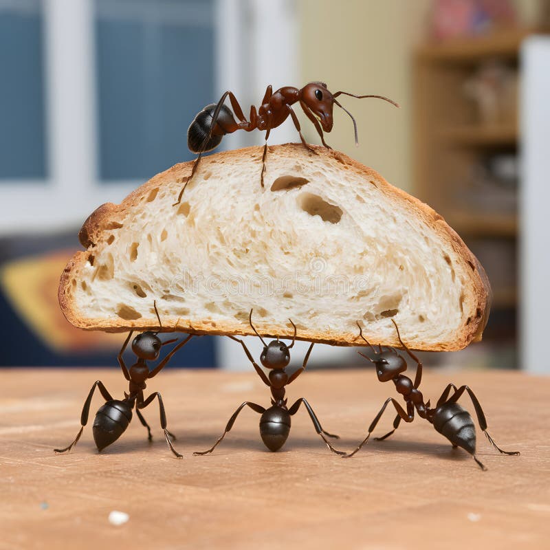 Four Ants Interact with a Bread Slice One Ant Stands Atop Stock ...
