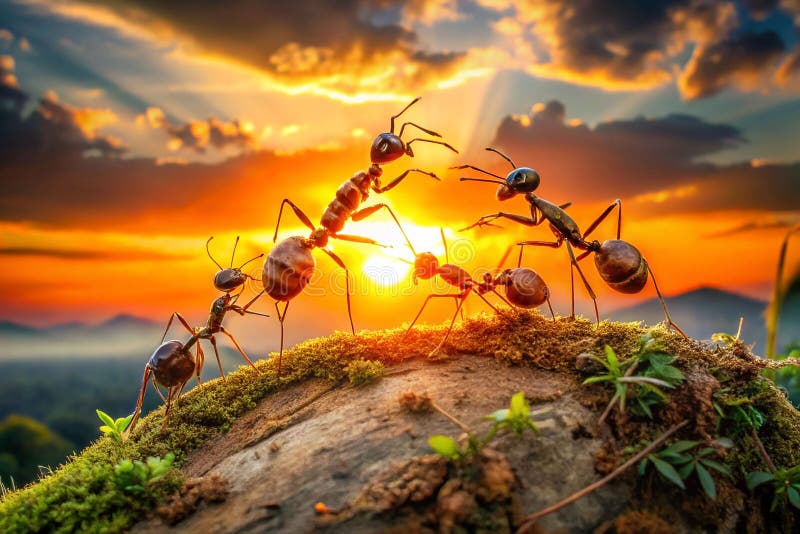 Four Ants on a Rock at Sunset Stock Illustration - Illustration of ...