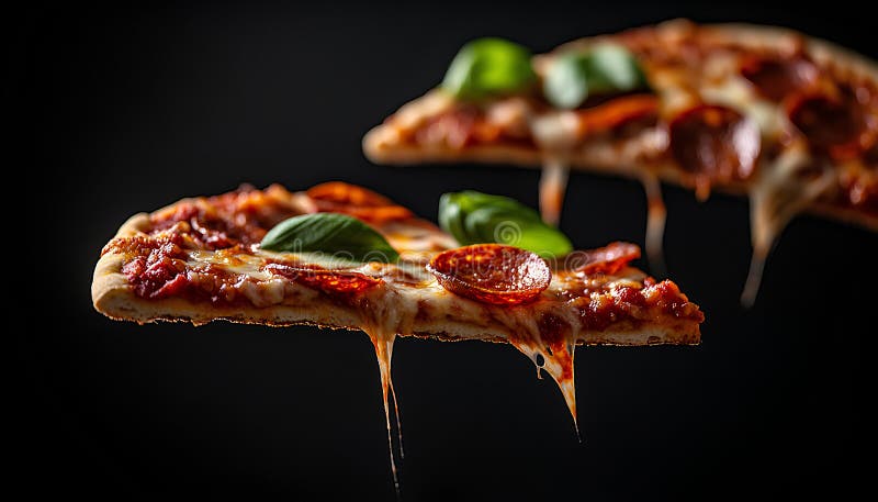 Four Appetizing Pepperoni Pizza Slices with Melted Cheese and Basil ...