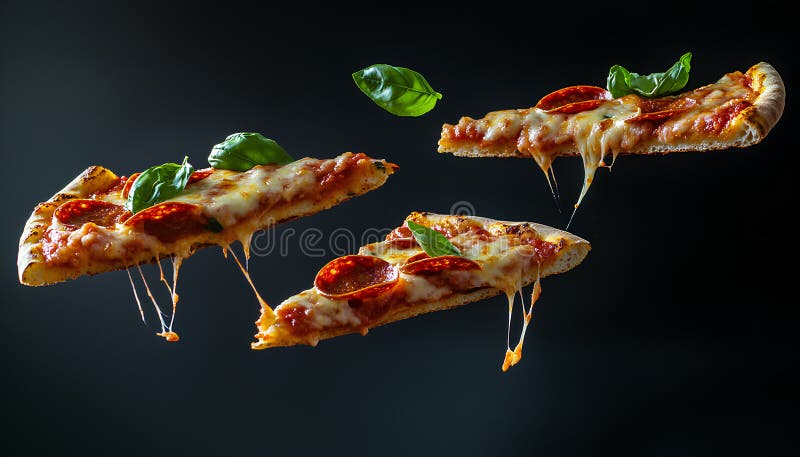 Four Appetizing Pepperoni Pizza Slices with Melted Cheese and Basil ...